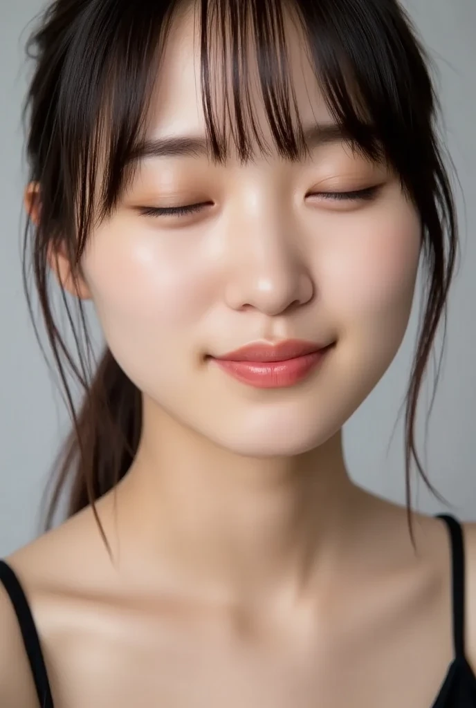 Beautiful young woman, eyes closed, euphoric smile, extremely puckered ...