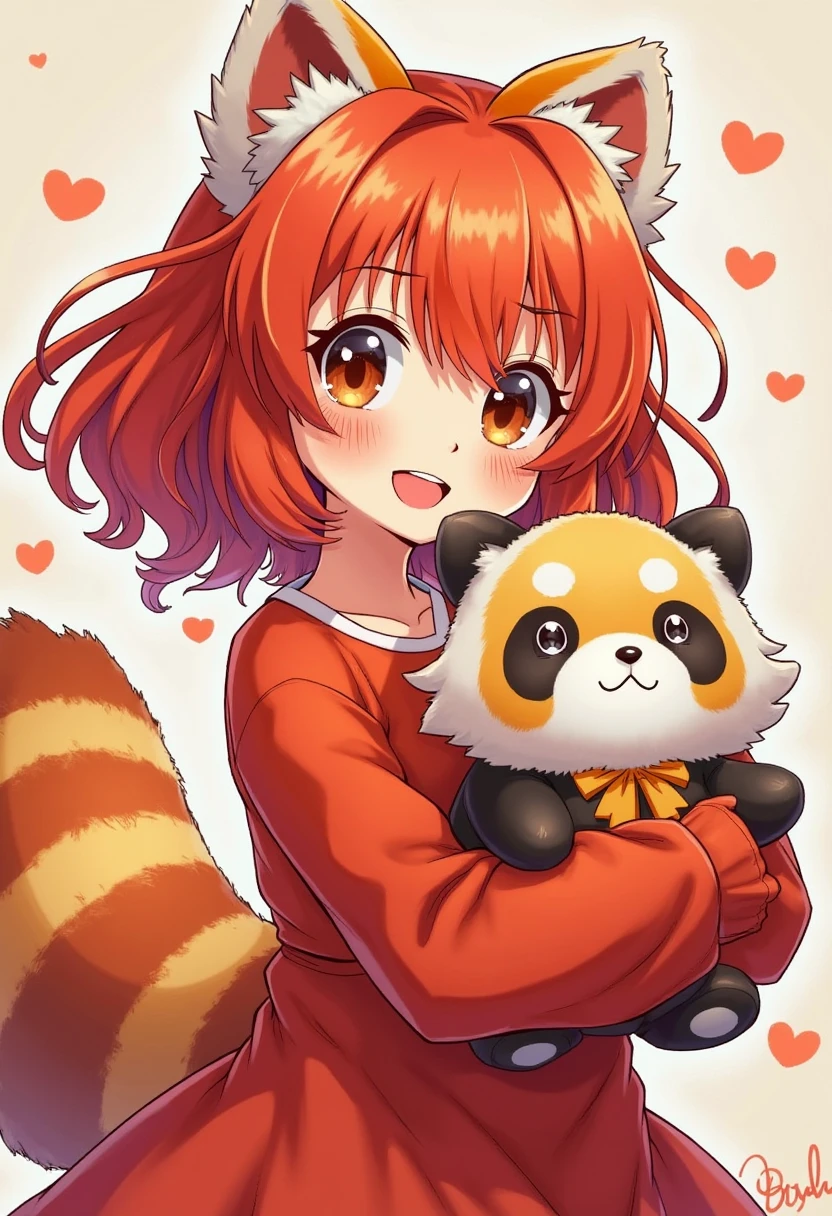 Manga-style girl, in tema pandarosso, She has red panda ears and tail ...