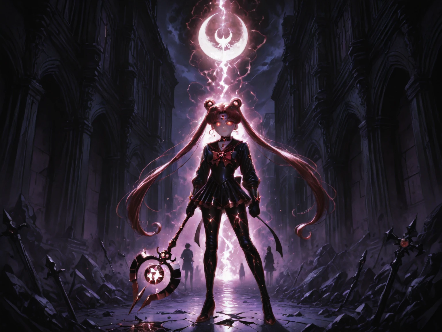 Evil version of Sailor Moon and Chibi Moon standing side by side in a ...