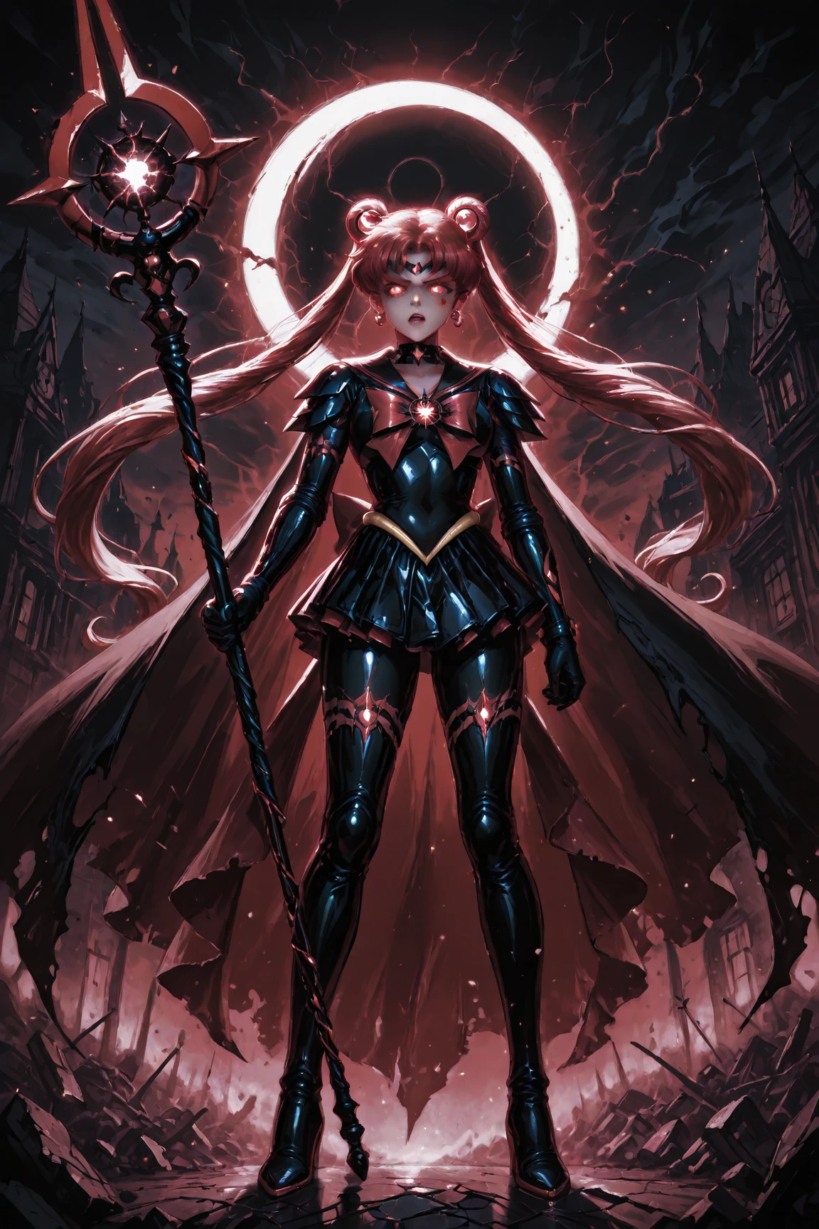 Evil version of Sailor Moon and Chibi Moon standing side by side in a ...