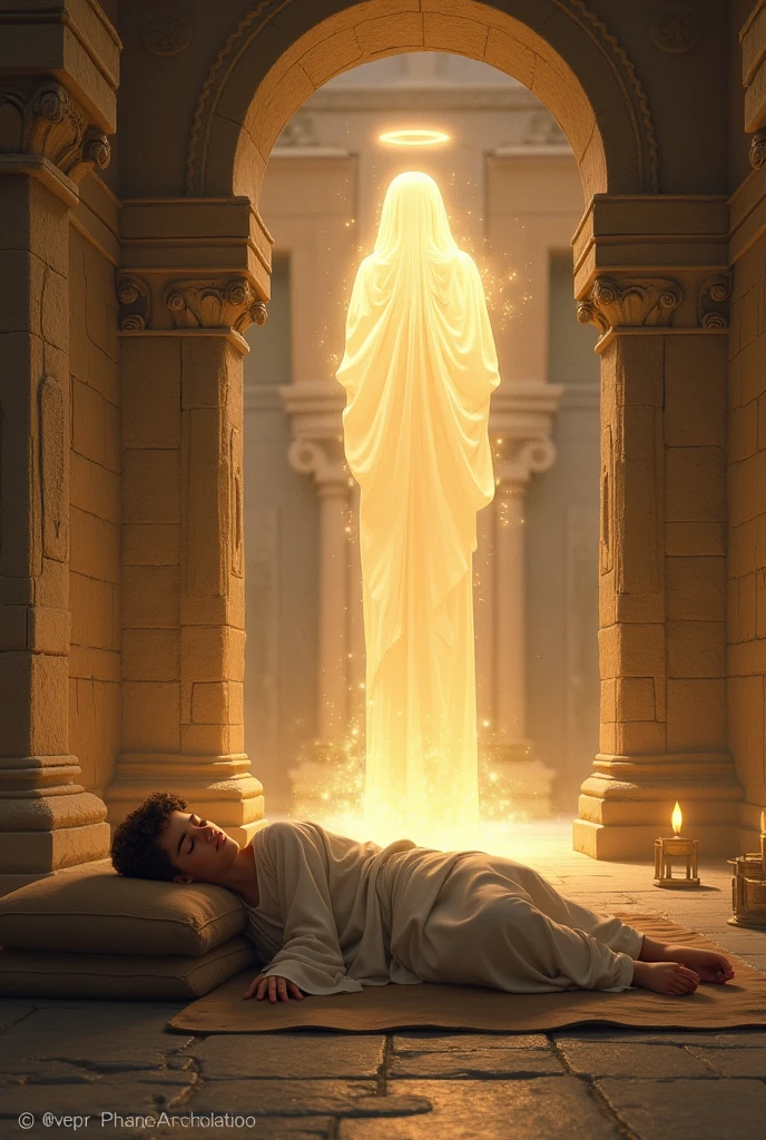 A young boy sleeping in a stone room lit by oil lamps, the figure of ...