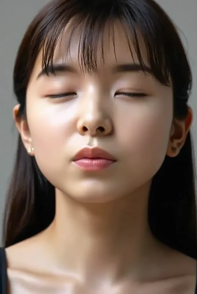 Beautiful young woman, eyes closed, euphoric smile, extremely puckered ...