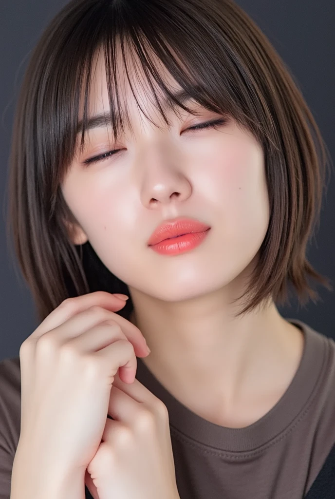 Beautiful young woman, eyes closed, euphoric smile, extremely puckered ...