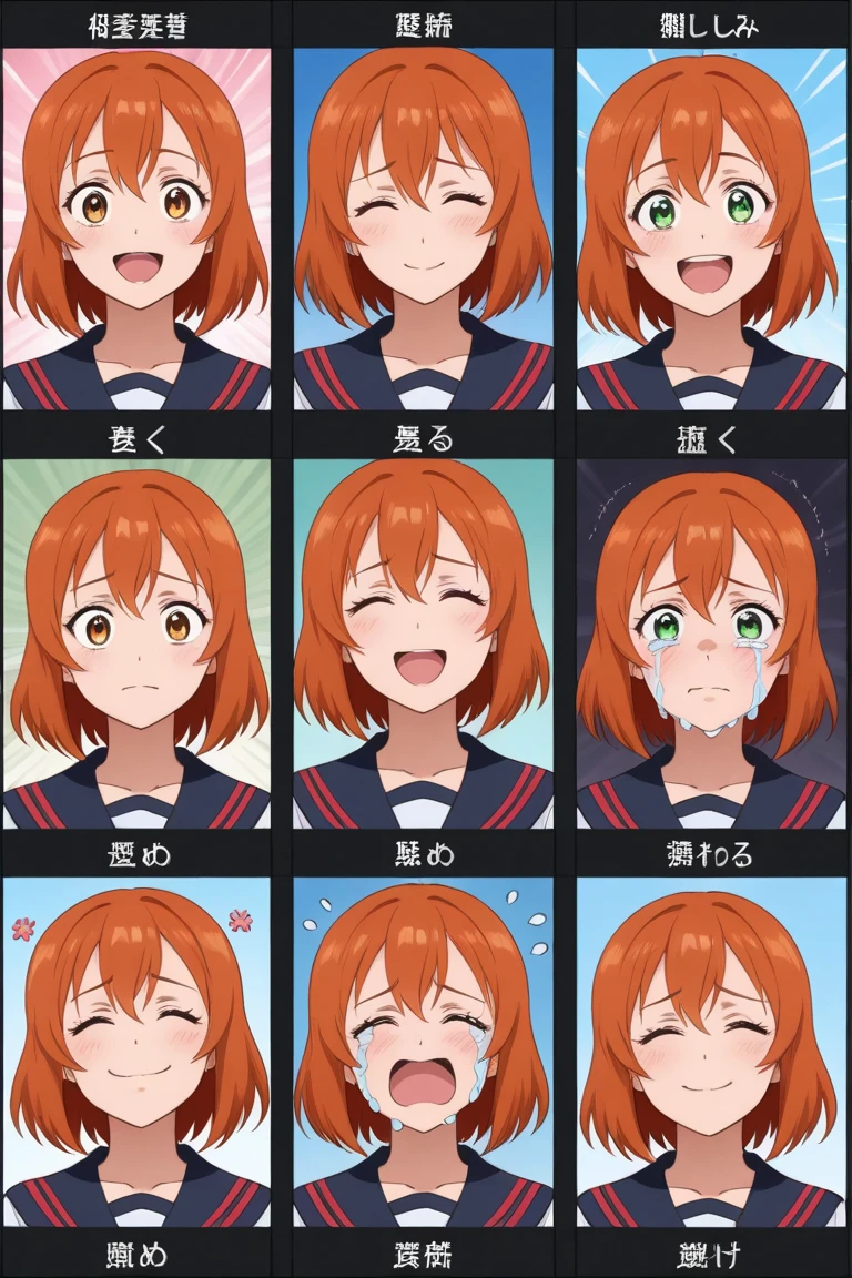 Anime girl, 4 panels, facial expression chart, happy, sad, anger ...