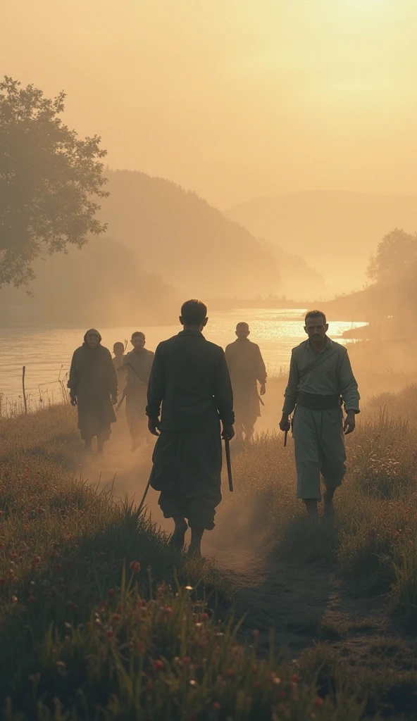 Medium shot of villagers walking carefully through the smoky field and ...