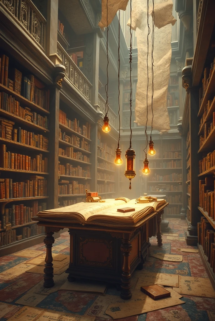 A magical library where each book whispers stories into glowing ...