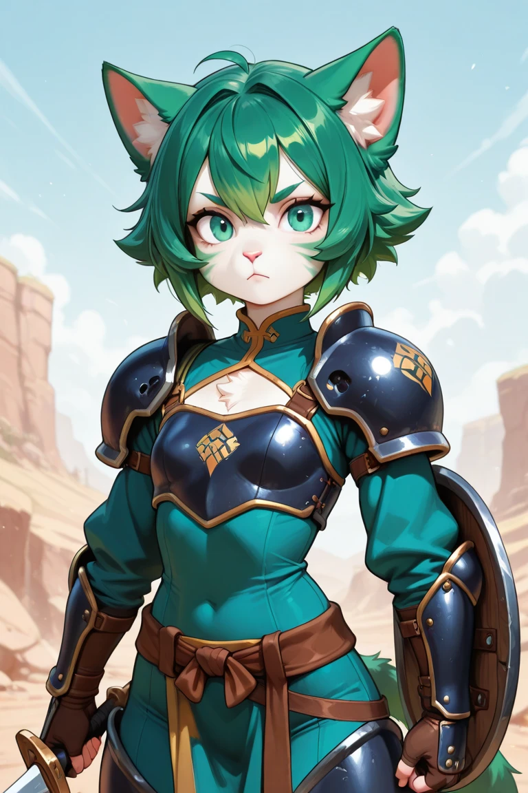 Catfolk female, fighter, more feline than human, wearing hide armor ...