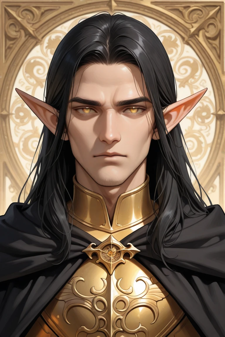 (High elf, male, solo portrait, res eyes, gold eyes, long black hair ...
