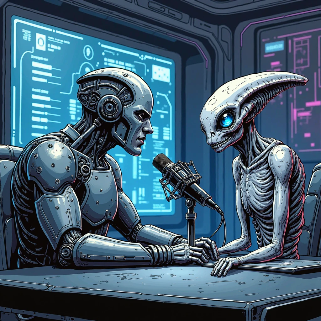 A highly detailed futuristic podcast studio illustrated in comic book ...