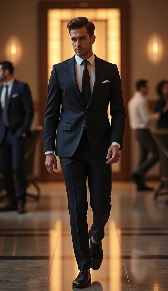 Generate a realistic Man walking confidently into a stylish lounge or ...