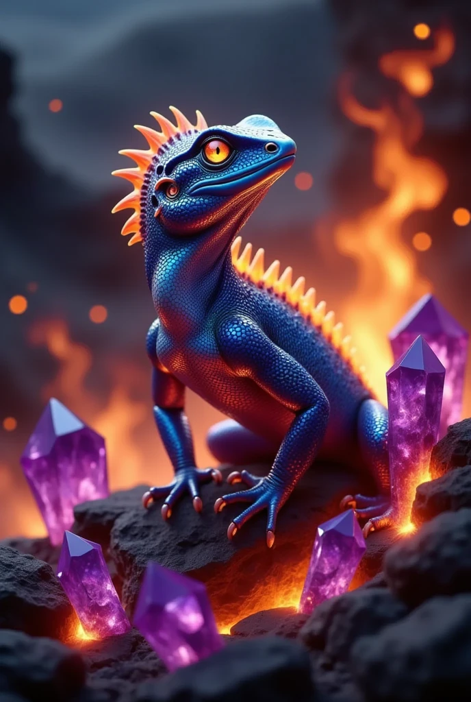 The image features a surreal lizard-like creature painted in shades of ...