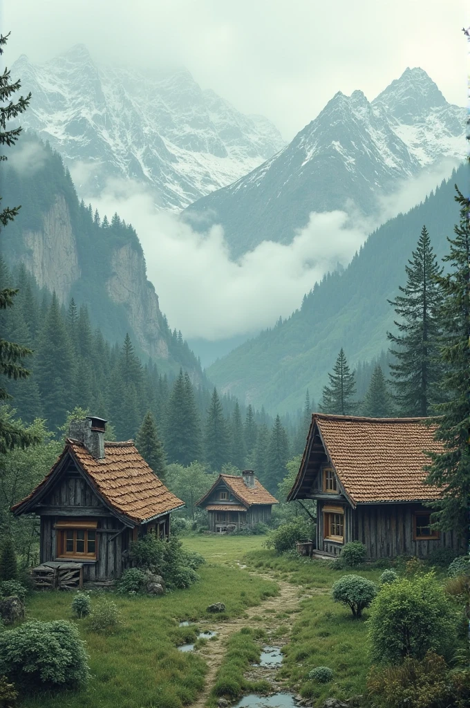 Tiled country houses scattered in the forest surrounded by mountains ...