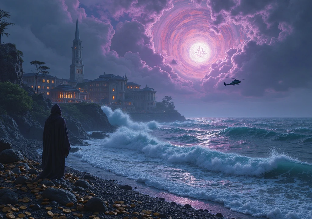 A haunting, apocalyptic coastal city half-submerged under dark - SeaArt AI