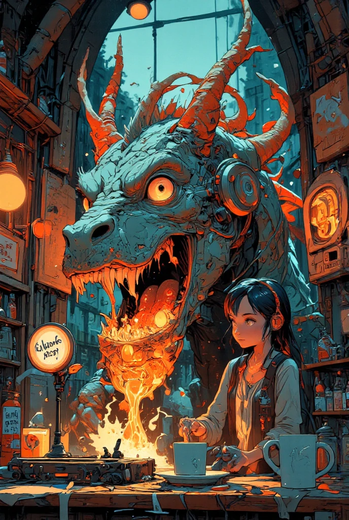 Picture a cheerful charismatic dragon wearing headphones, sitting at a ...