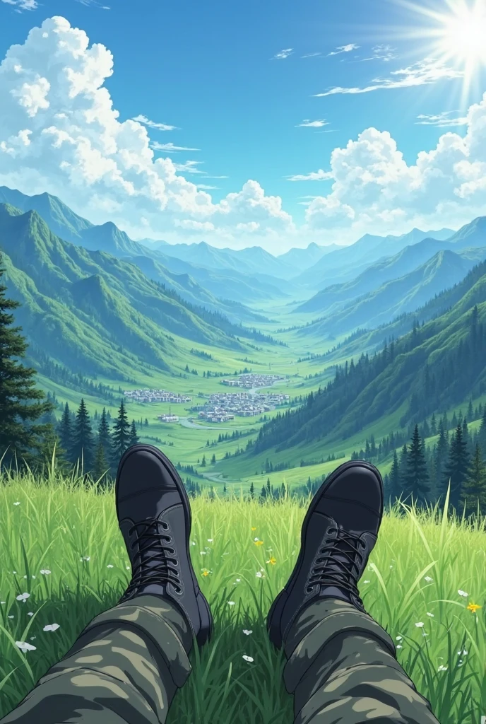 an anime-style scene from first-person view of a soldier resting on a ...
