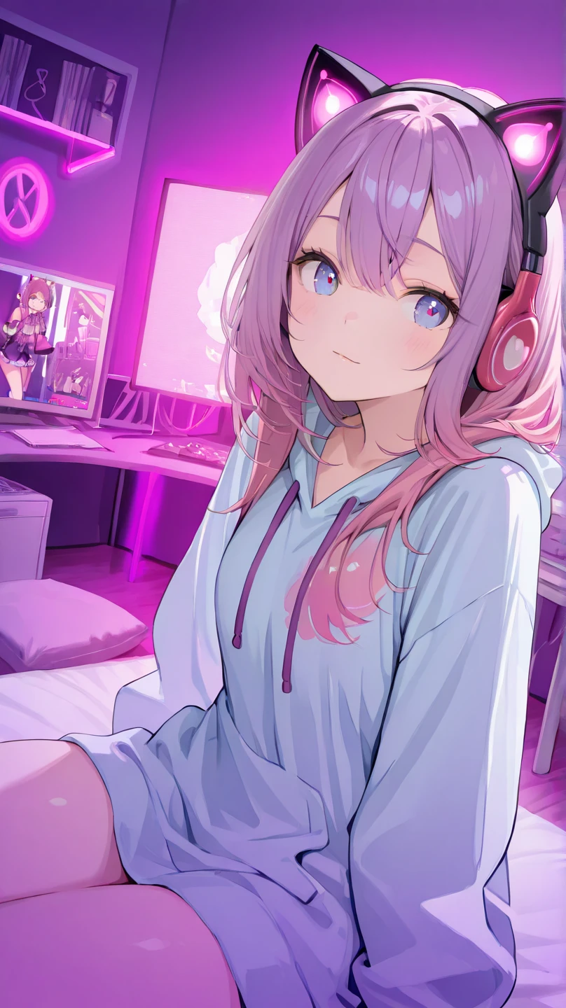 Streamer girl , live streaming, beautiful bright headphones, cat ears ...