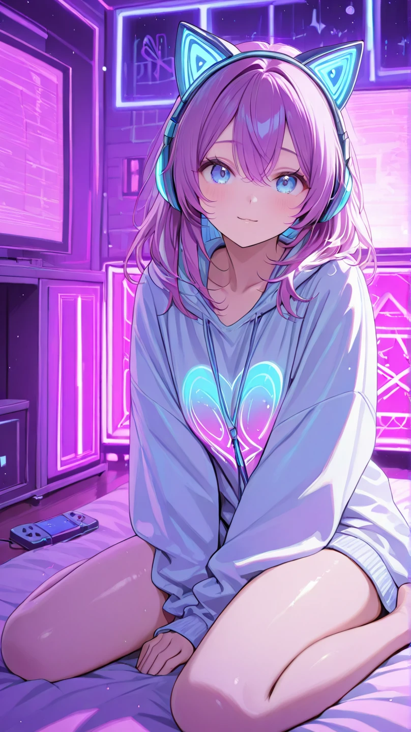 Streamer girl , live streaming, beautiful bright headphones, cat ears ...