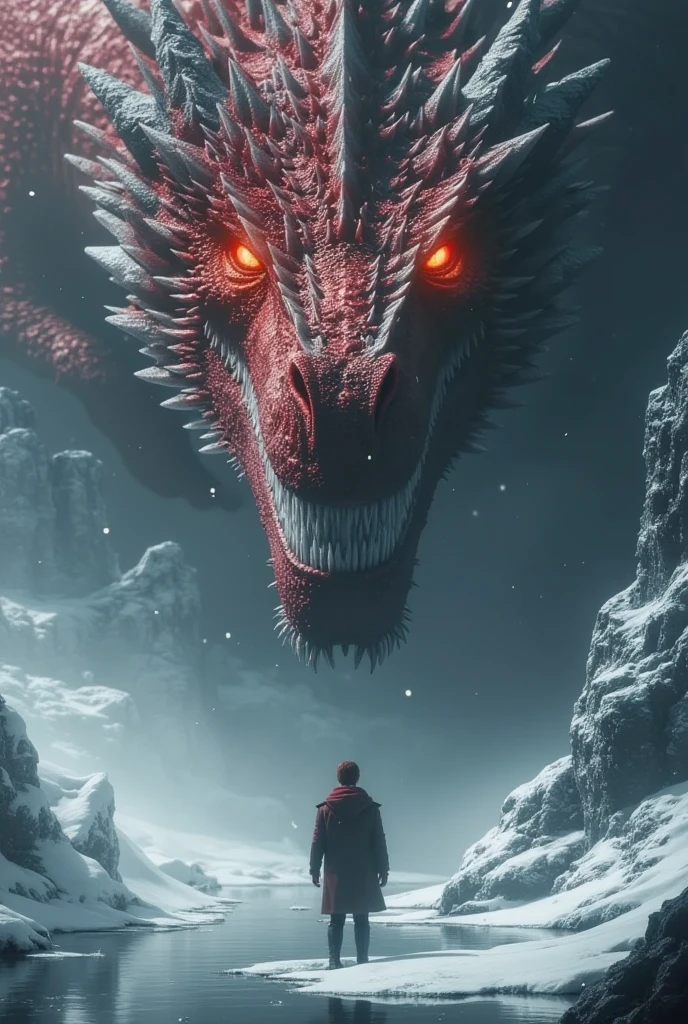 The image depicts a dramatic scene of a massive red dragon with icy ...