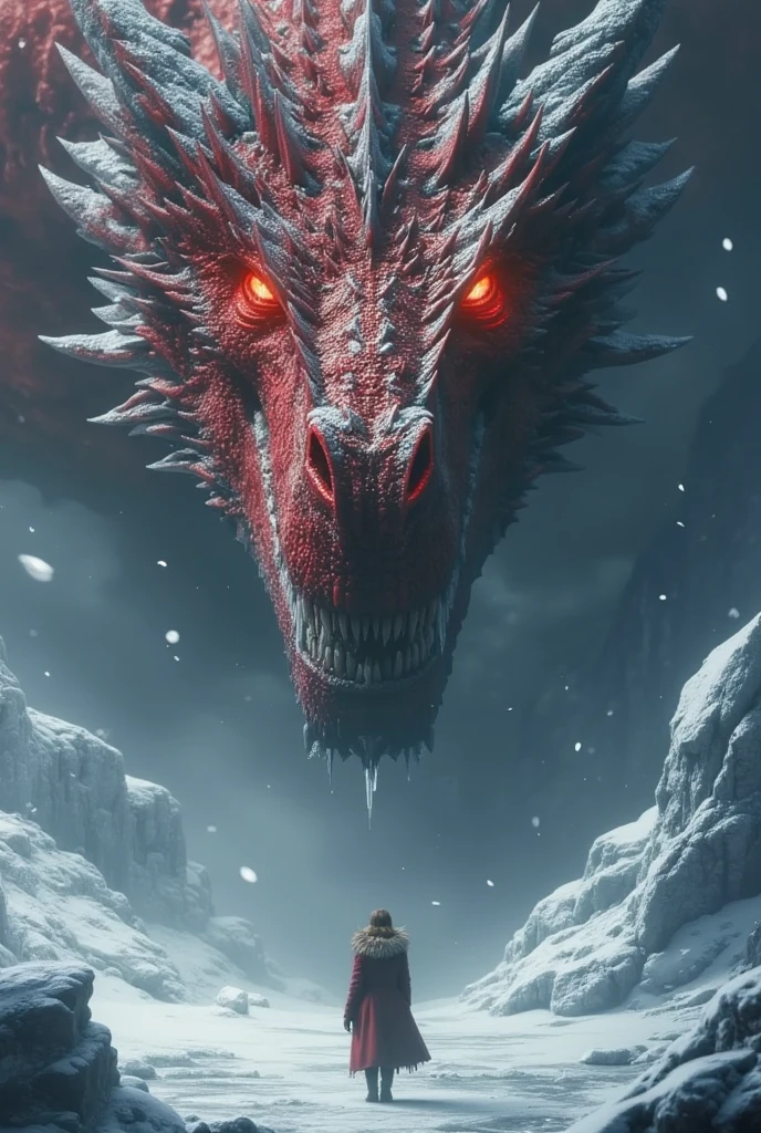The image depicts a dramatic scene of a massive red dragon with icy ...