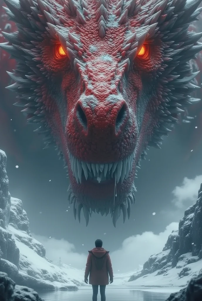 The image depicts a dramatic scene of a massive red dragon with icy ...