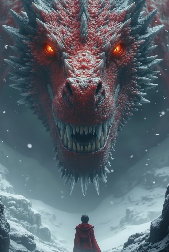 The image depicts a dramatic scene of a massive red dragon with icy ...