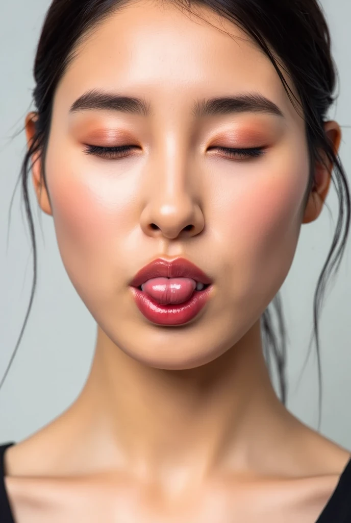 Beautiful young woman, eyes closed, euphoric smile, extremely puckered ...