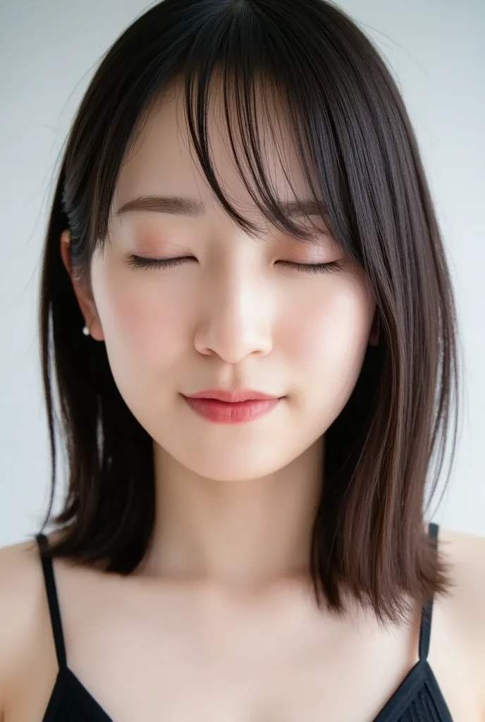 Beautiful young woman, eyes closed, smiling with joy, eyelids relaxed ...