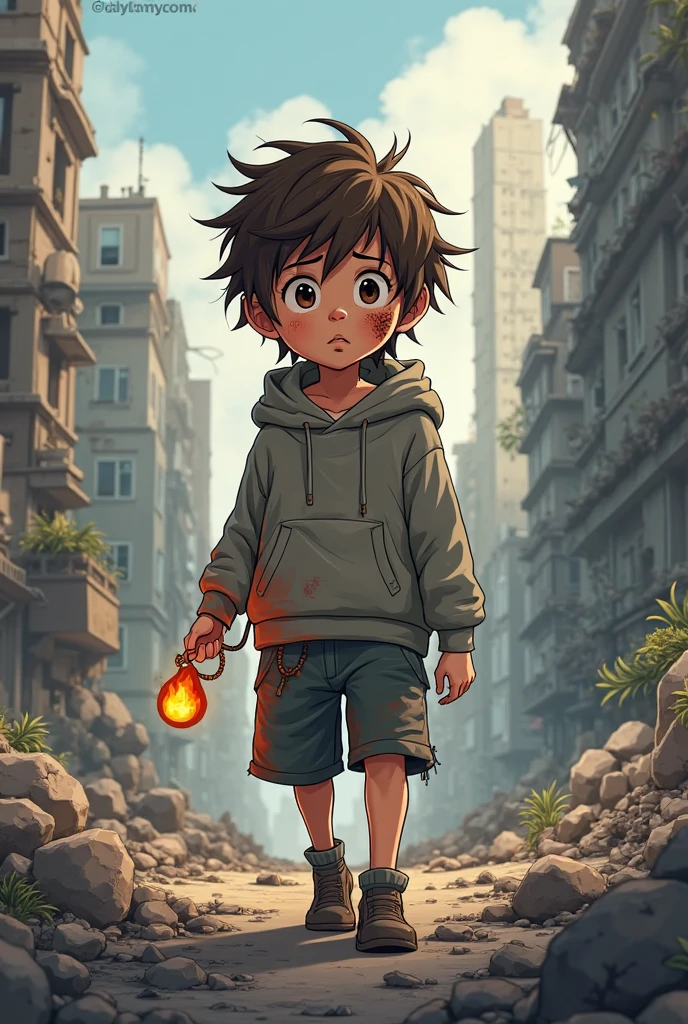 A cartoon-style boy with messy brown hair, soot on his face - SeaArt AI