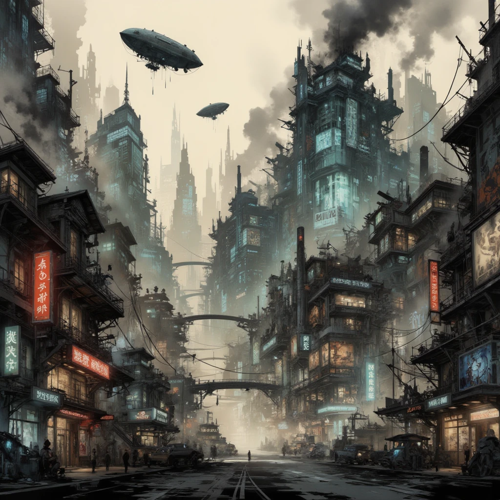 A dinkfsn style ink wash painting, A sprawling cyberpunk-dieselpunk ...