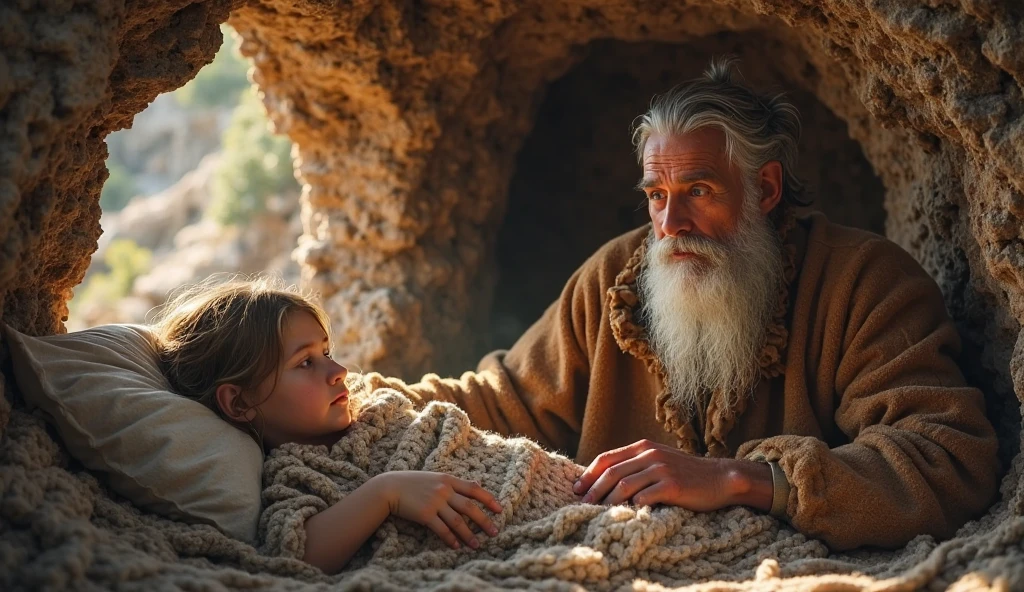 A scene showing Sarah of advanced age holding Isaac in her arms while ...