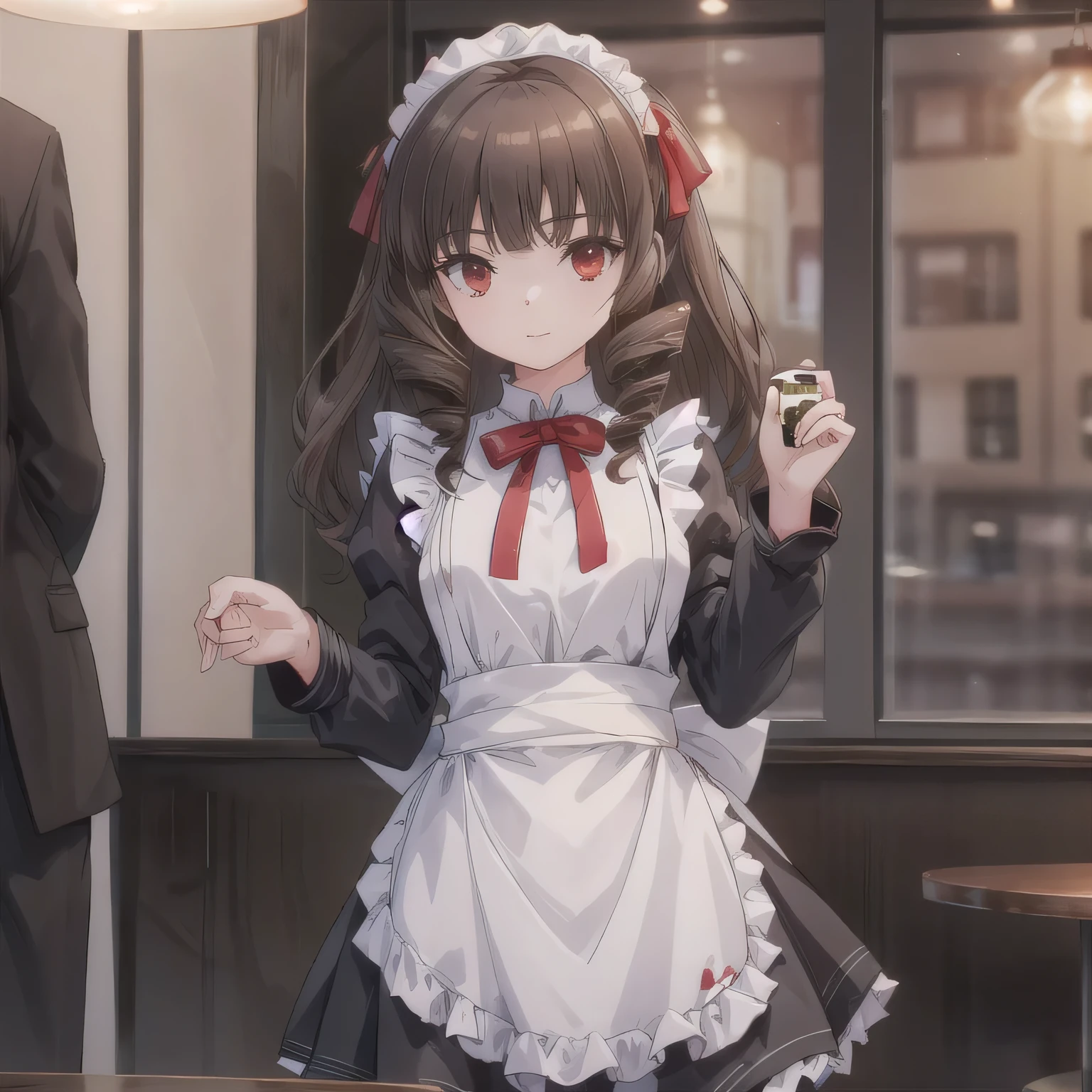 A girl is working as a waitress in a cozy cafe. She's wearing a classic ...
