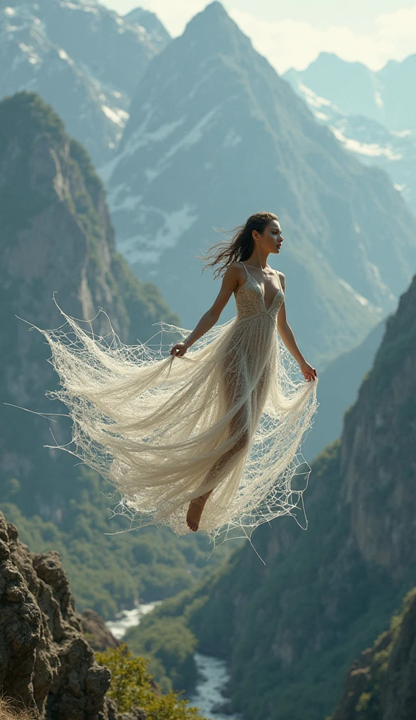 A women in a spider dress moving horizontal fly on the mountains ...