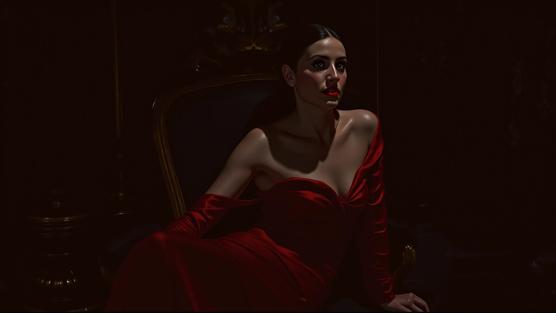 "A seductive woman in a ruby red satin gown, playfully biting her lip while look - SeaArt AI