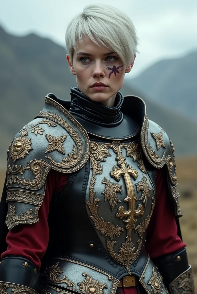 A young adult, Caucasian woman, with short white hair and a noticeable ...