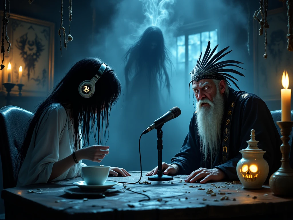 A terrifying anime-style podcast studio drenched in a haunting - SeaArt AI