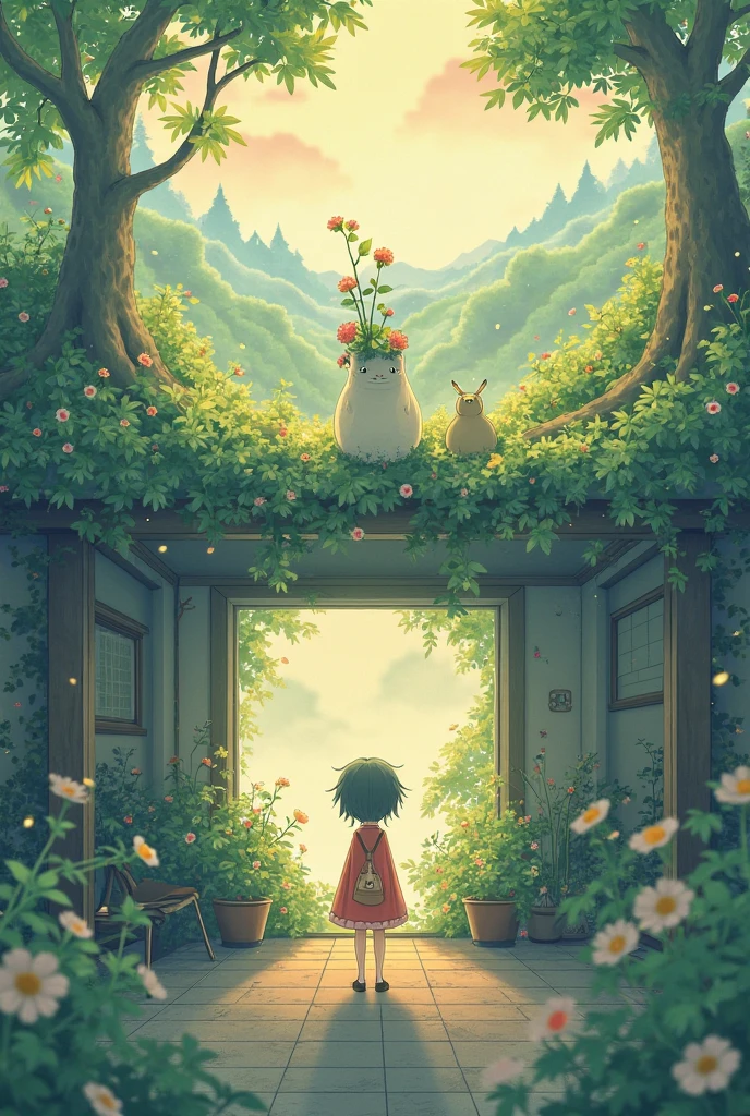 Please draw a Japanese Ghibli style poster. Please draw half of the ...