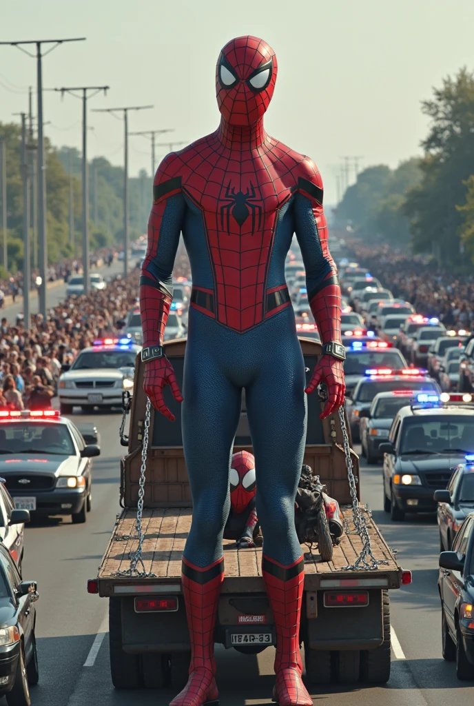 (realistic movie style): > A hyper-realistic giant Spider-Man figure ...