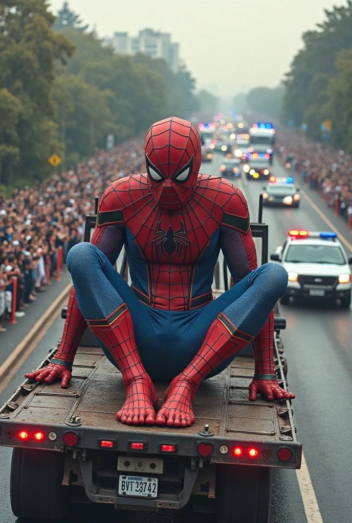 (realistic movie style): > A hyper-realistic giant Spider-Man figure ...