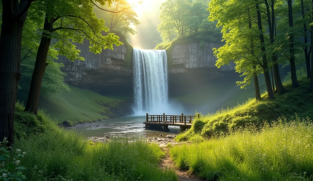 Forest scenery, a waterfall pouring down from a high cliff, below is a ...