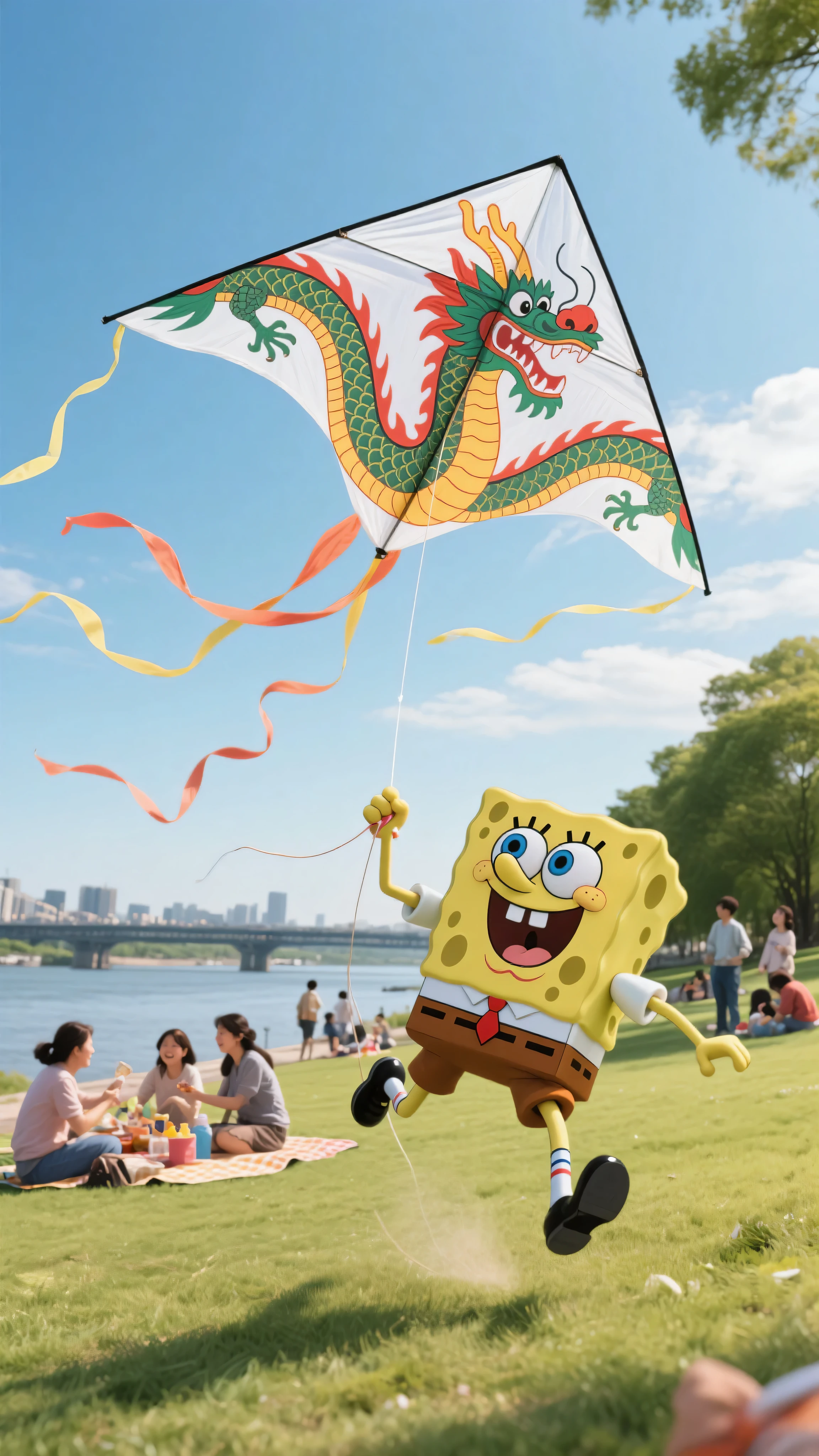 SpongeBob attempting to fly a large, traditional Korean "yeon - SeaArt AI