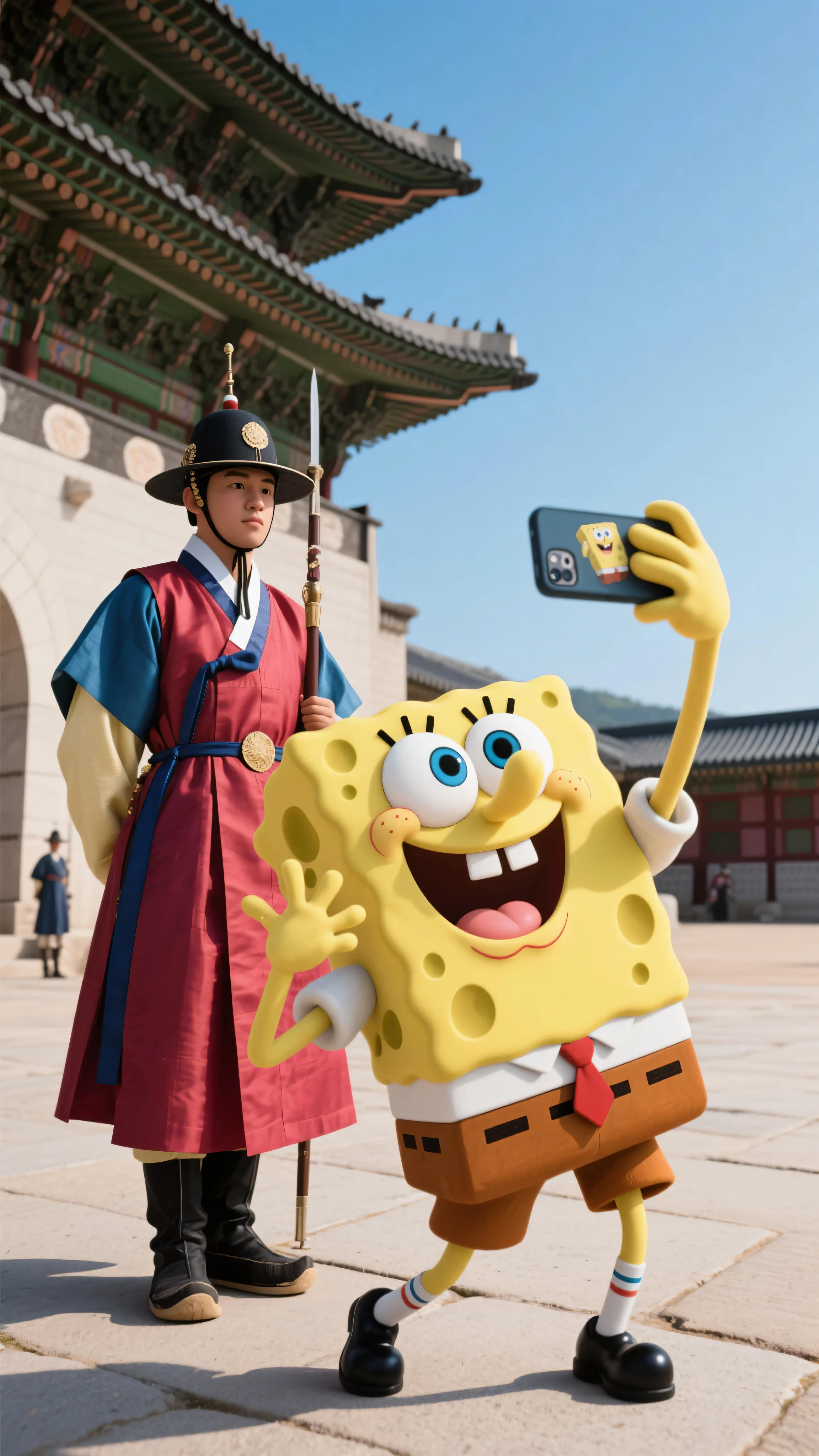 SpongeBob trying to take a dramatic selfie with his phone in front of a stoic - SeaArt AI