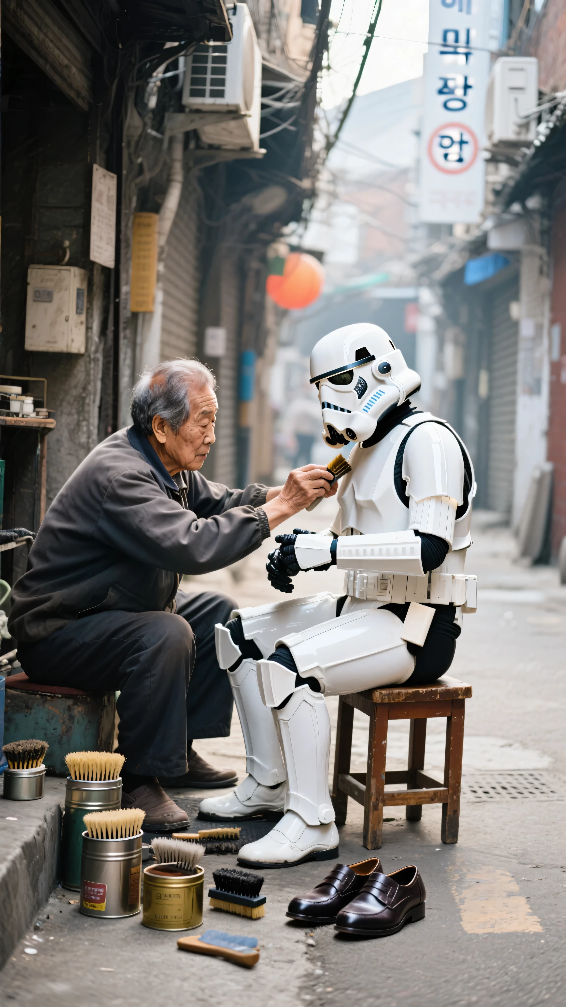A Stormtrooper sitting on a small stool in a quiet Seoul alleyway ...