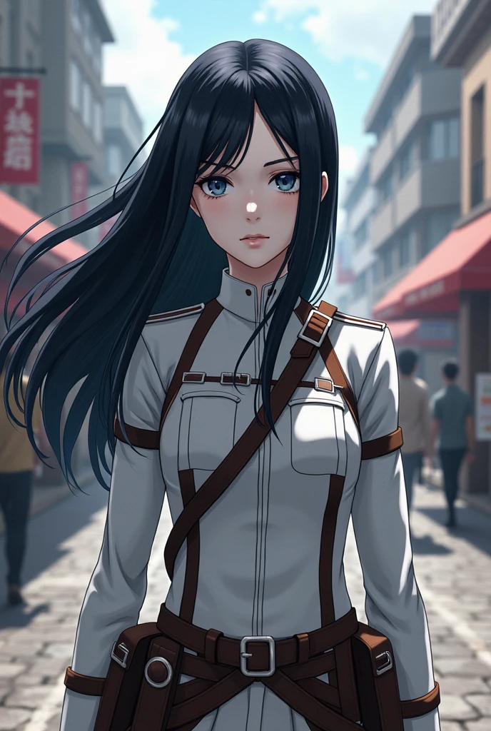 Create a white-skinned Shingeki no Kyojin girl with black hair and dark ...