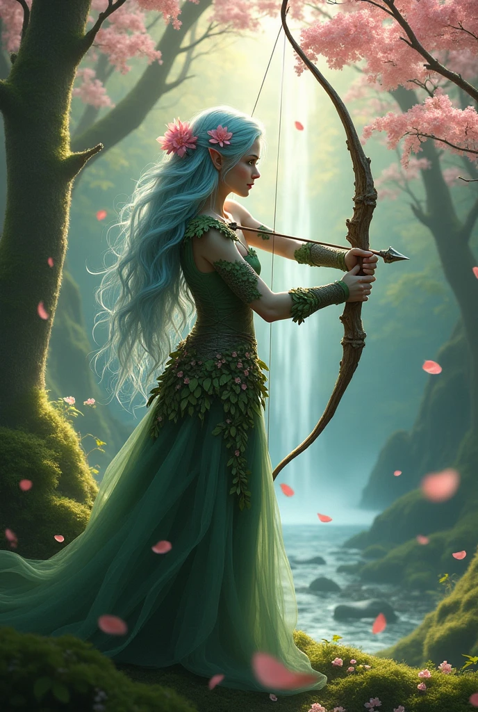 A beautiful fair-skinned dryad with long light blue wavy hair with ...