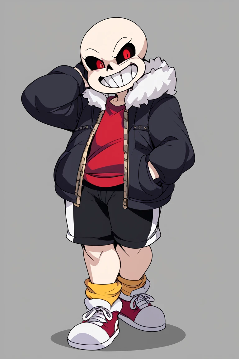 sans \(undertale\), skeleton, standing, looking at viewer, hand behind ...