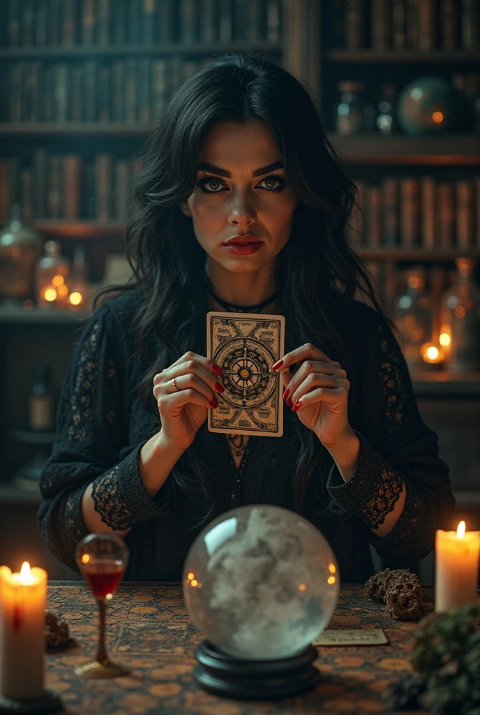 A mysterious fortune teller in a dark, moody room, with piercing eyes ...