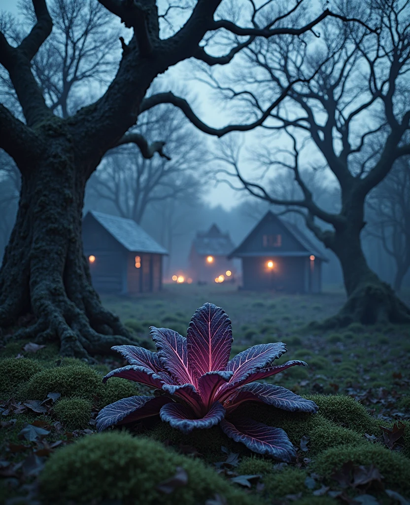 A mystical and melancholic forest clearing at twilight. In the center ...
