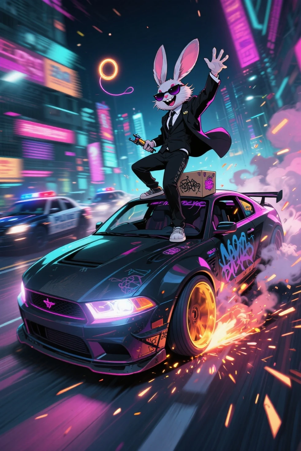 Anime-style illustration of a high-speed street racing scene at night ...