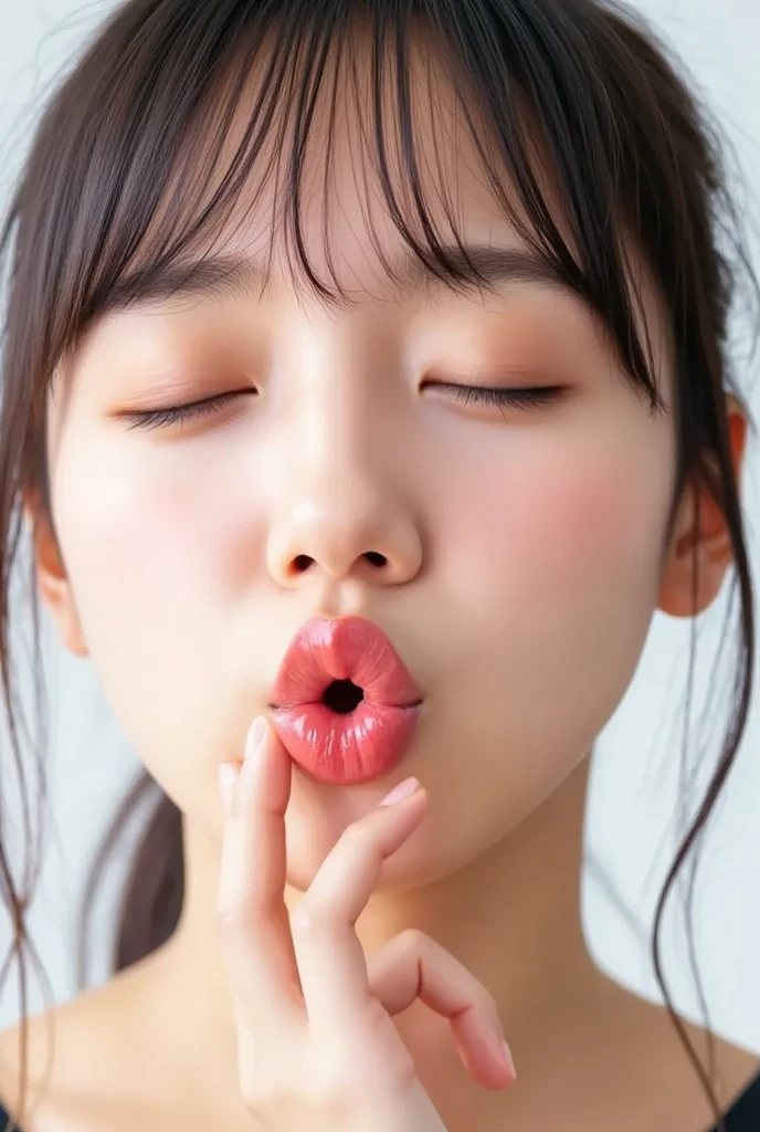 Beautiful young woman, eyes closed, soft smiling expression, cheeks ...