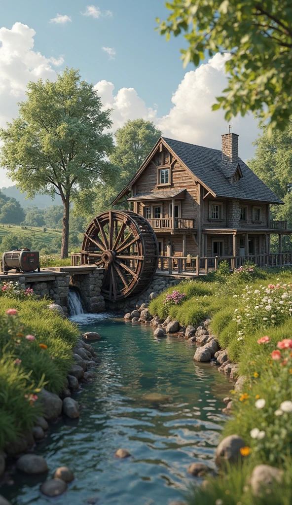 A small creek with a water wheel connected to a generator, homestead ...